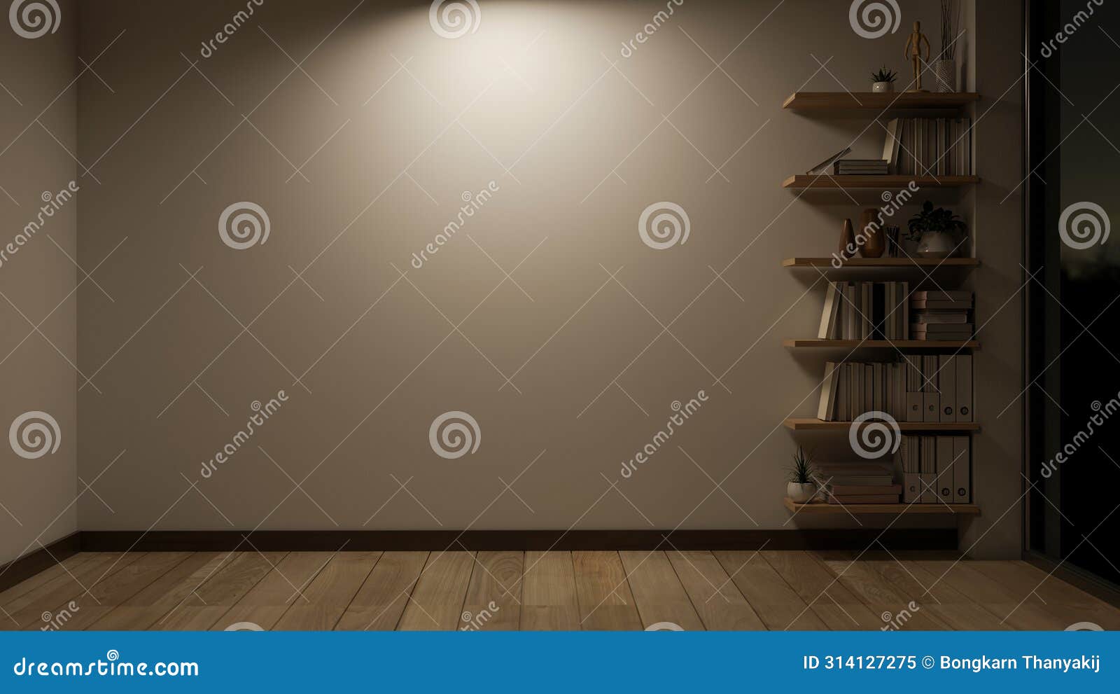 An Empty Room at Night with a Bookshelf, a Dim Light on an Empty Wall ...
