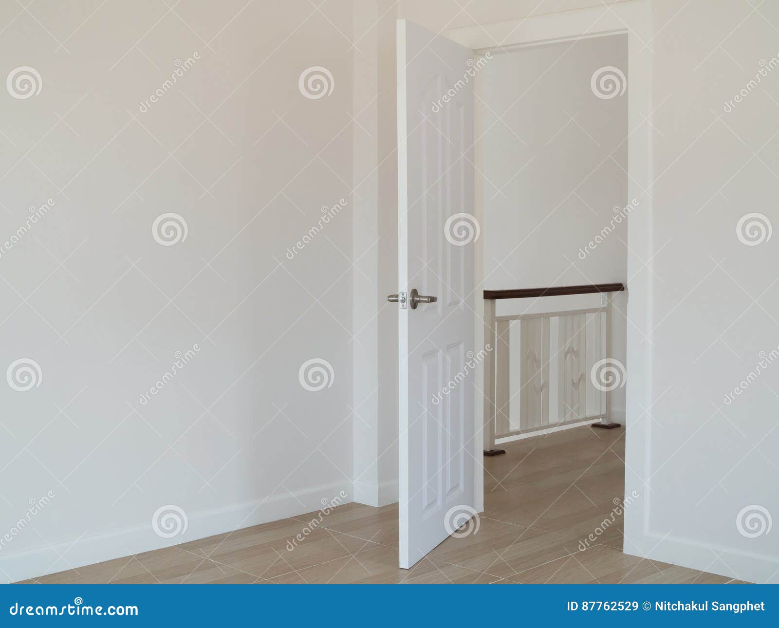Empty Room with Open Door and White Interior Wall Background. Stock ...
