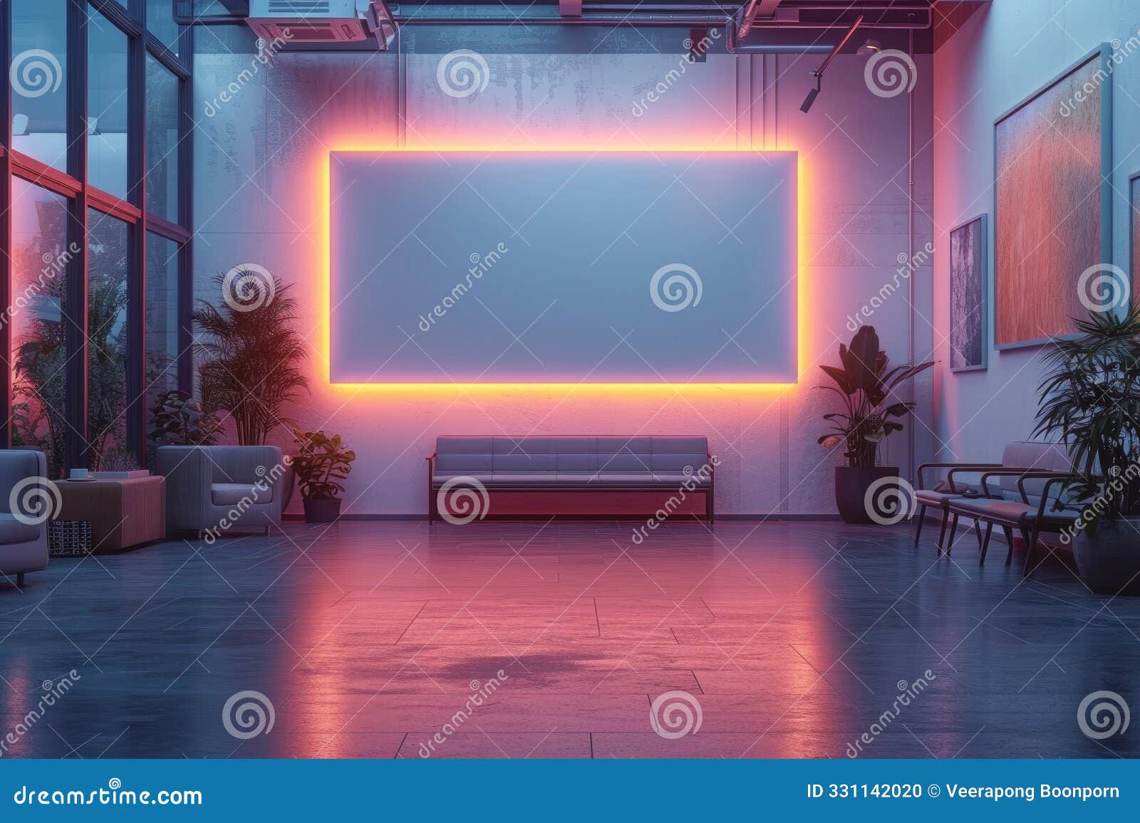 An Empty Room with a Pink Neon Light a Large Blank Screen on the Wall ...