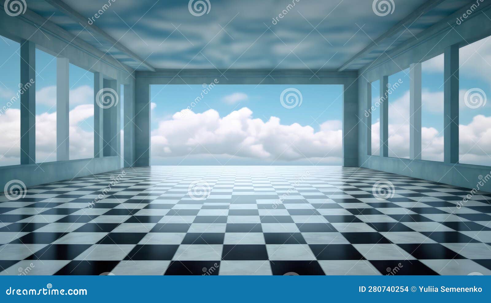 Empty Room with Sky and Clouds in the Background, 3d Render. Stock ...