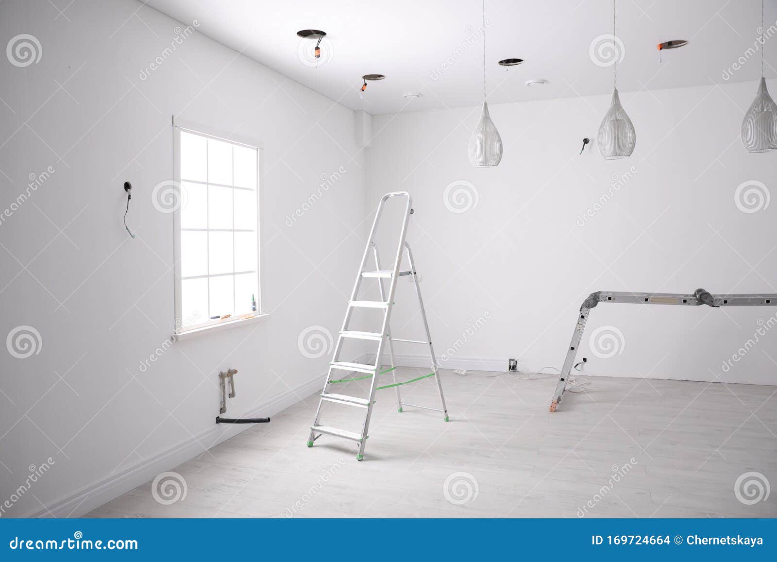 Empty Room with Stretch Ceilings Stock Photo - Image of stepladder ...
