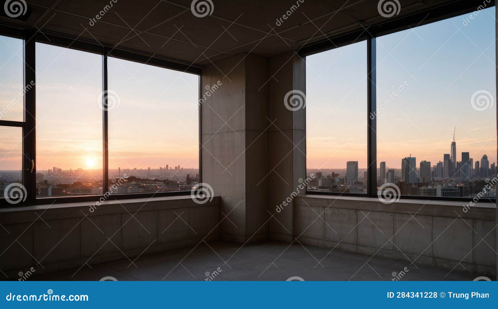 Empty Room with a View of the City Skyline at Sunset, Concrete Wall and ...