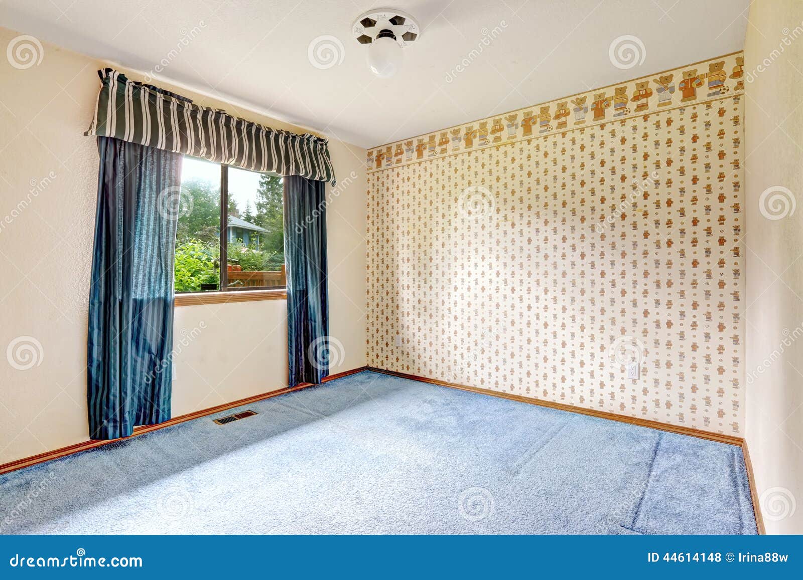 Empty Room with Wallpaper and Blue Carpet Floor Stock Photo - Image of ...
