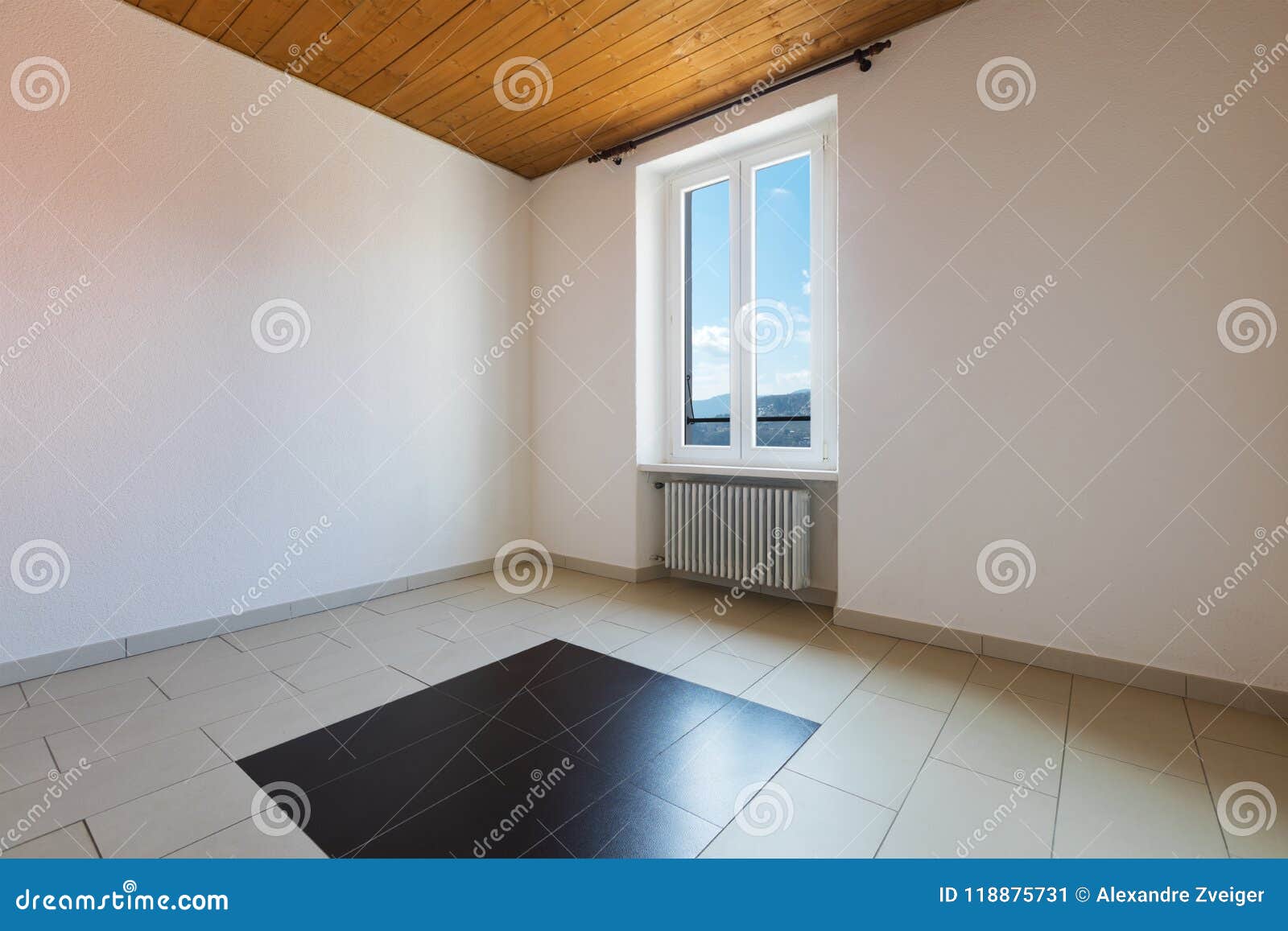 Empty Room with Wooden Ceiling and Grey Tiles Stock Image - Image of ...