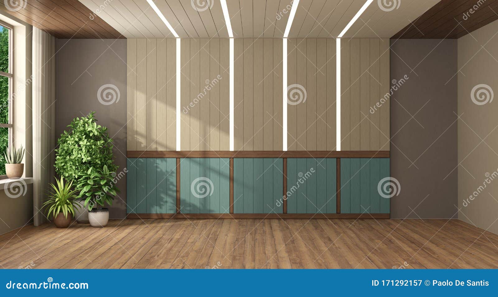Empty Room with Wooden Paneling with Led Light Stock Illustration ...