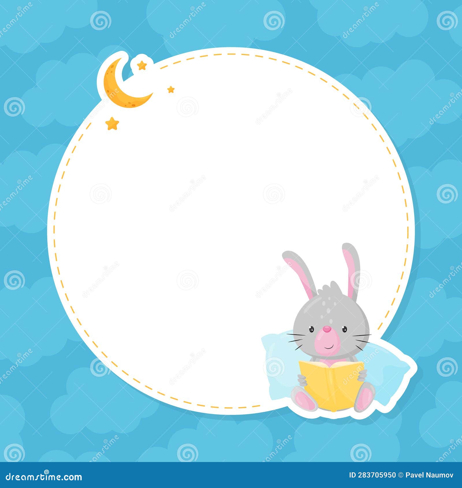 Empty Round Card with Cute Bunny Reading Book before Bedtime Vector ...