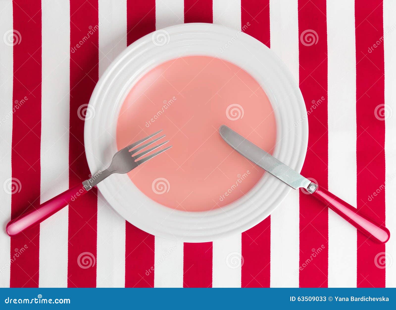 Empty Round Plate Upper View on Red Stripped Tablecloth. Stock Image ...