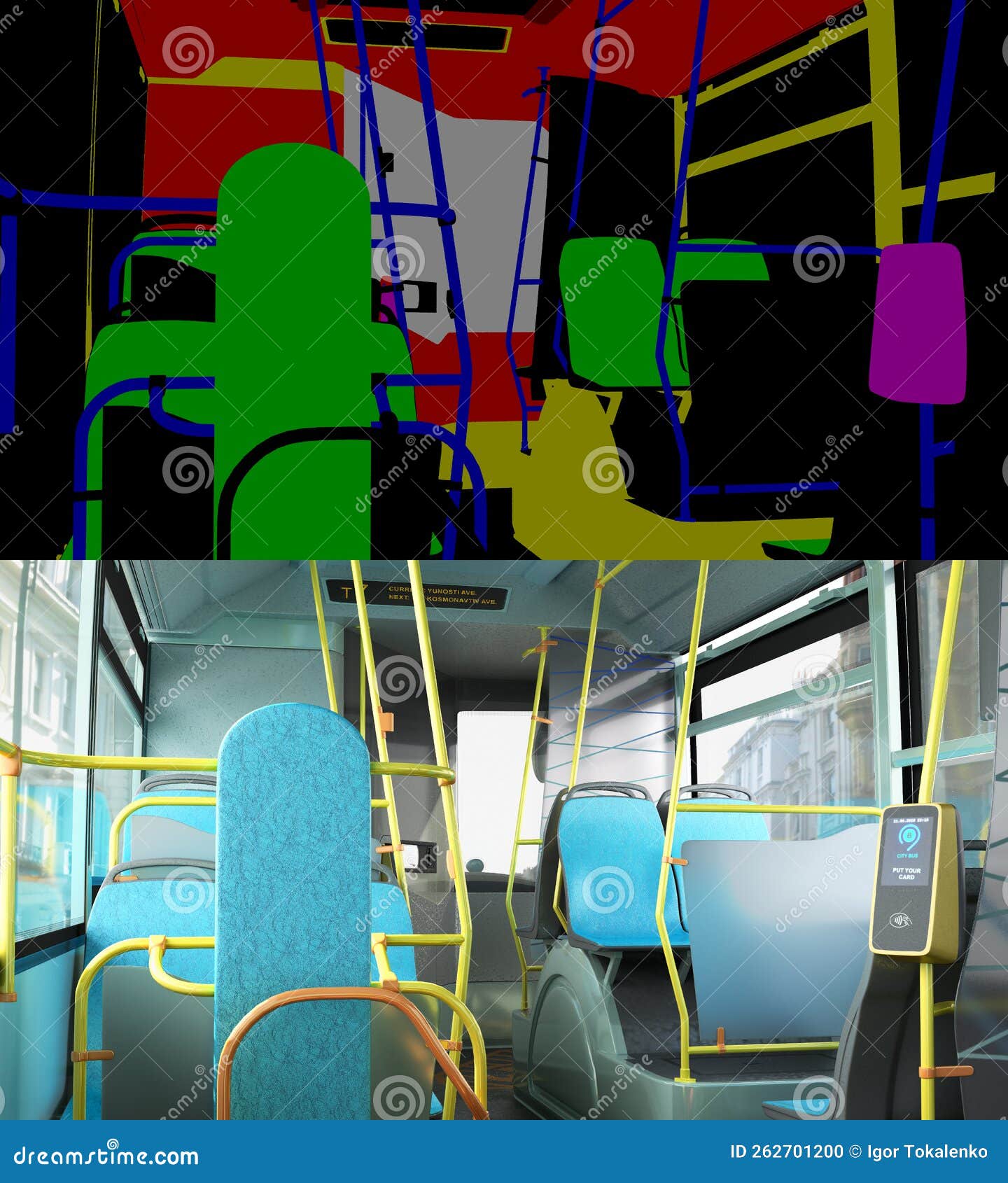 Empty Route Bus Interior 3d Render Image with Color Alpha Stock ...