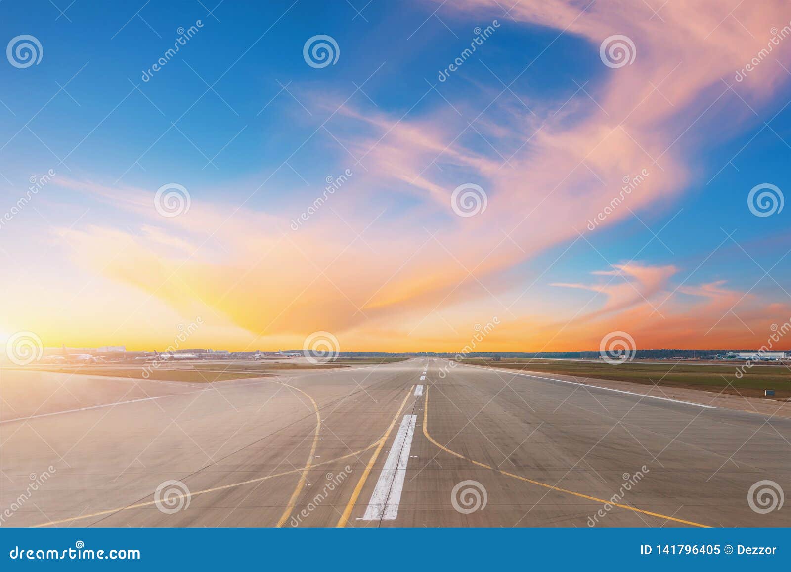 Empty Runway at Evening Airport during Sunset Stock Image - Image of ...