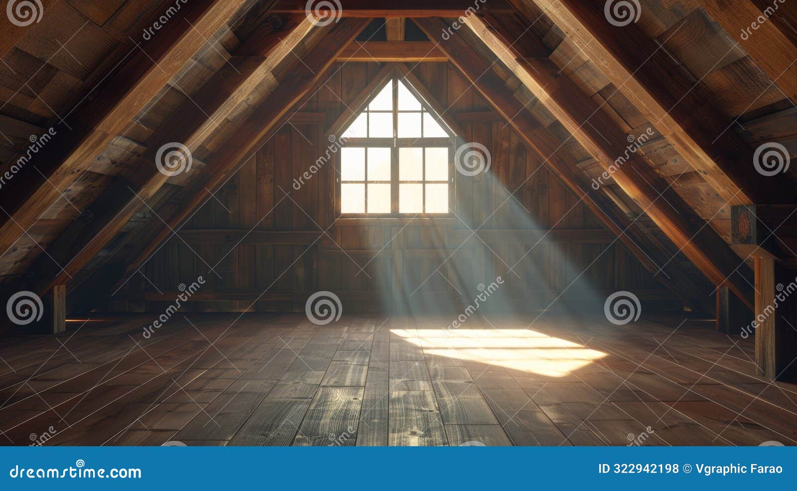 Empty Rustic Attic with Wooden Beams and Sun Rays through Window Stock ...