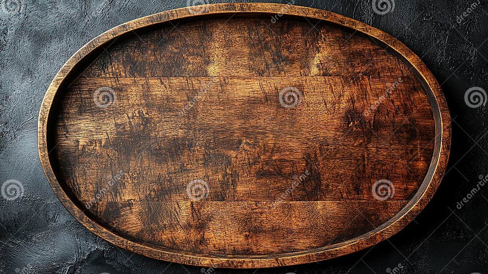 Empty Rustic Oval Wooden Tray on Dark Background Stock Illustration ...