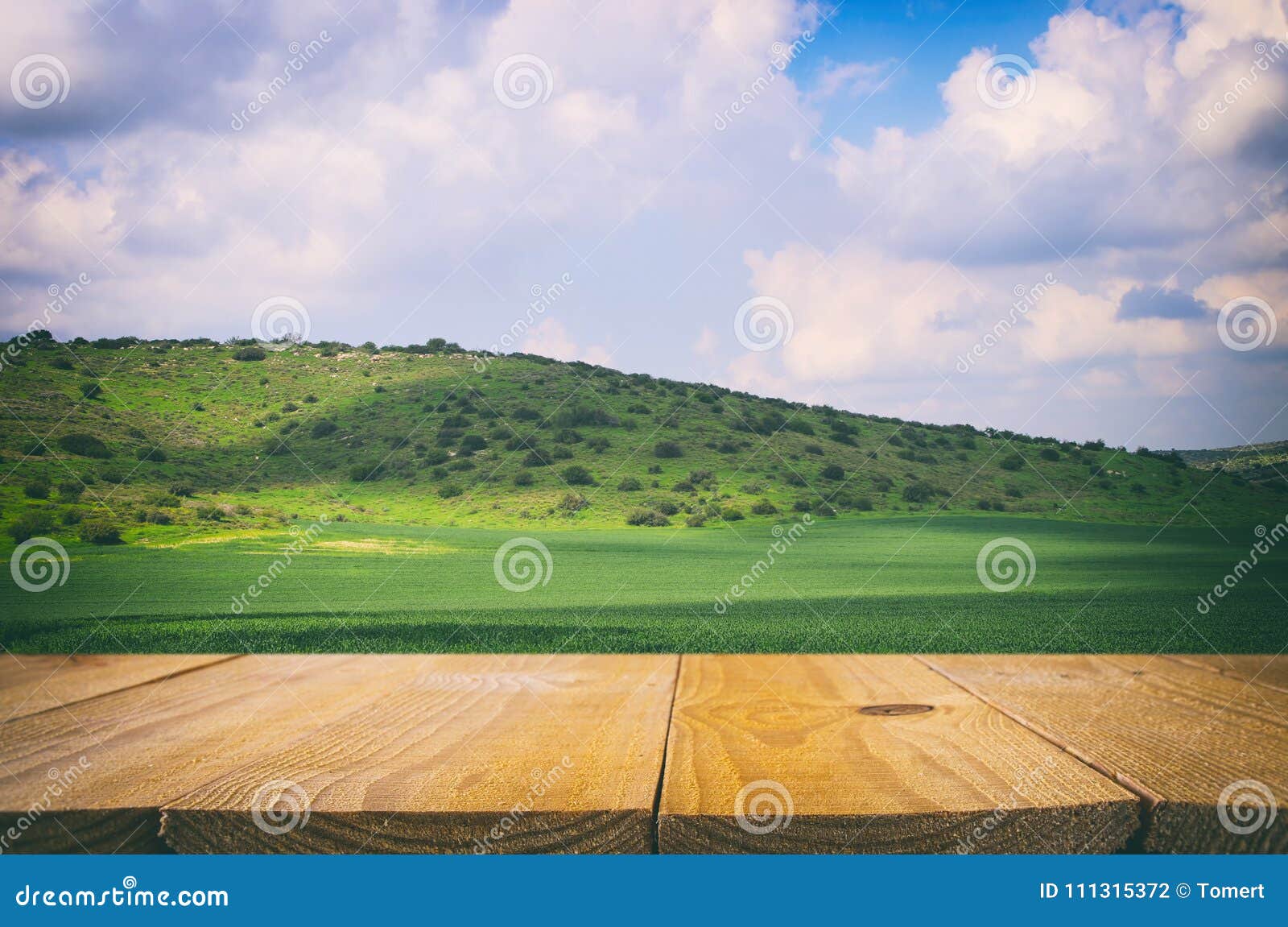 Empty Rustic Table in Front of Countryside Background. Product Display ...