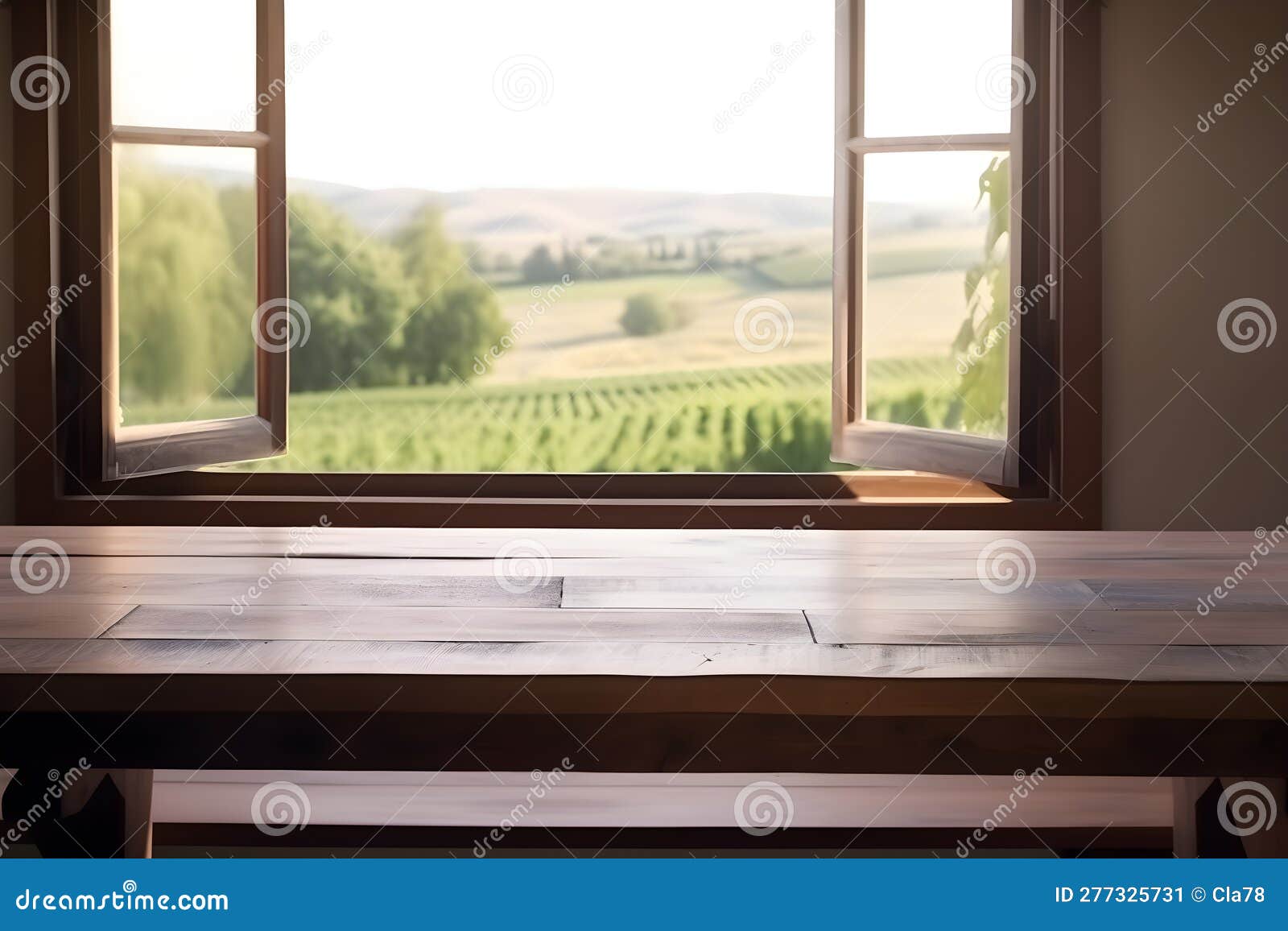 Empty Rustic Wood Table in Front of an Open Window with Blurred Country ...