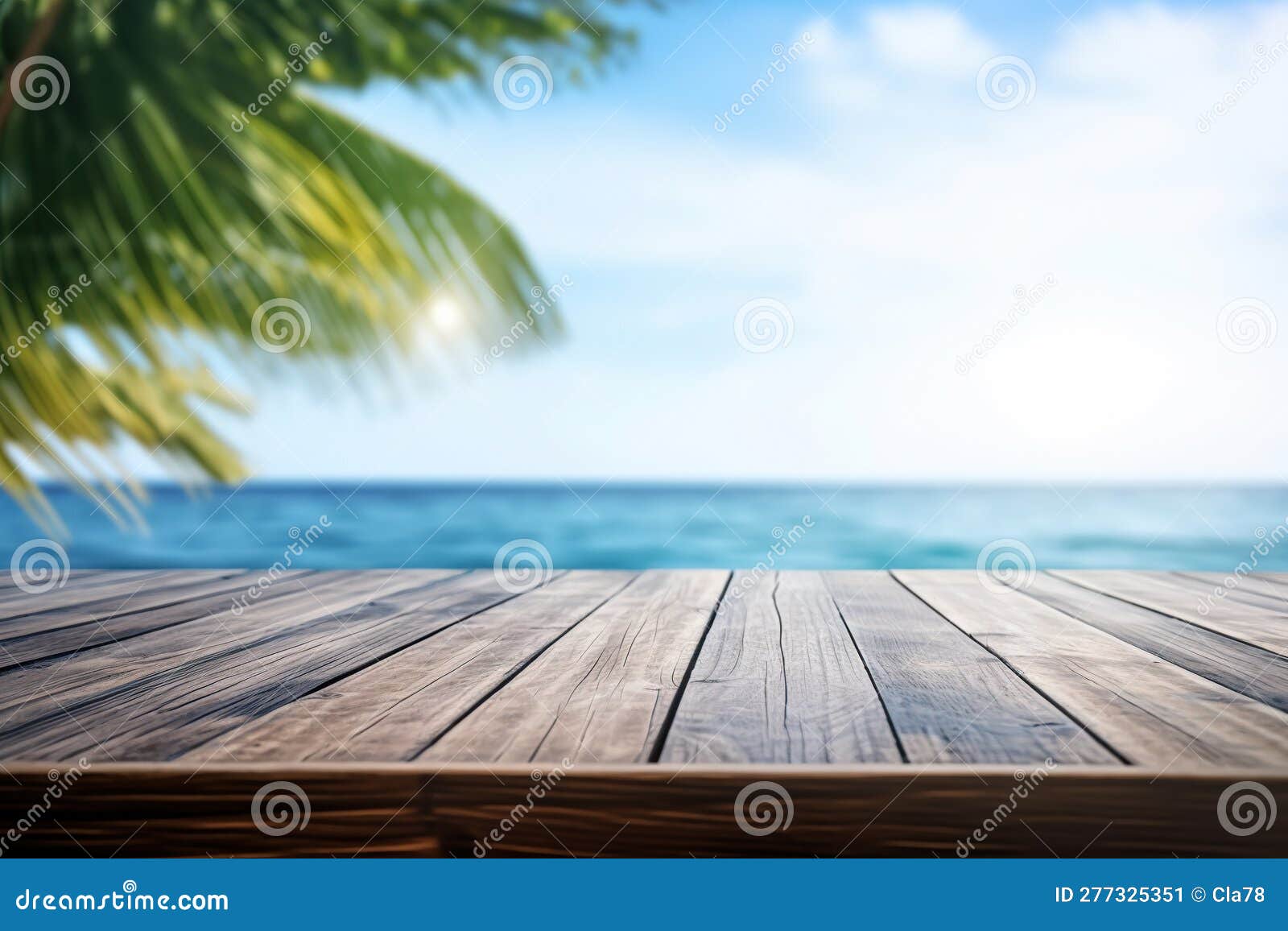 Empty Rustic Wood Table in a Tropical Beach with Blurred Background, Ai ...