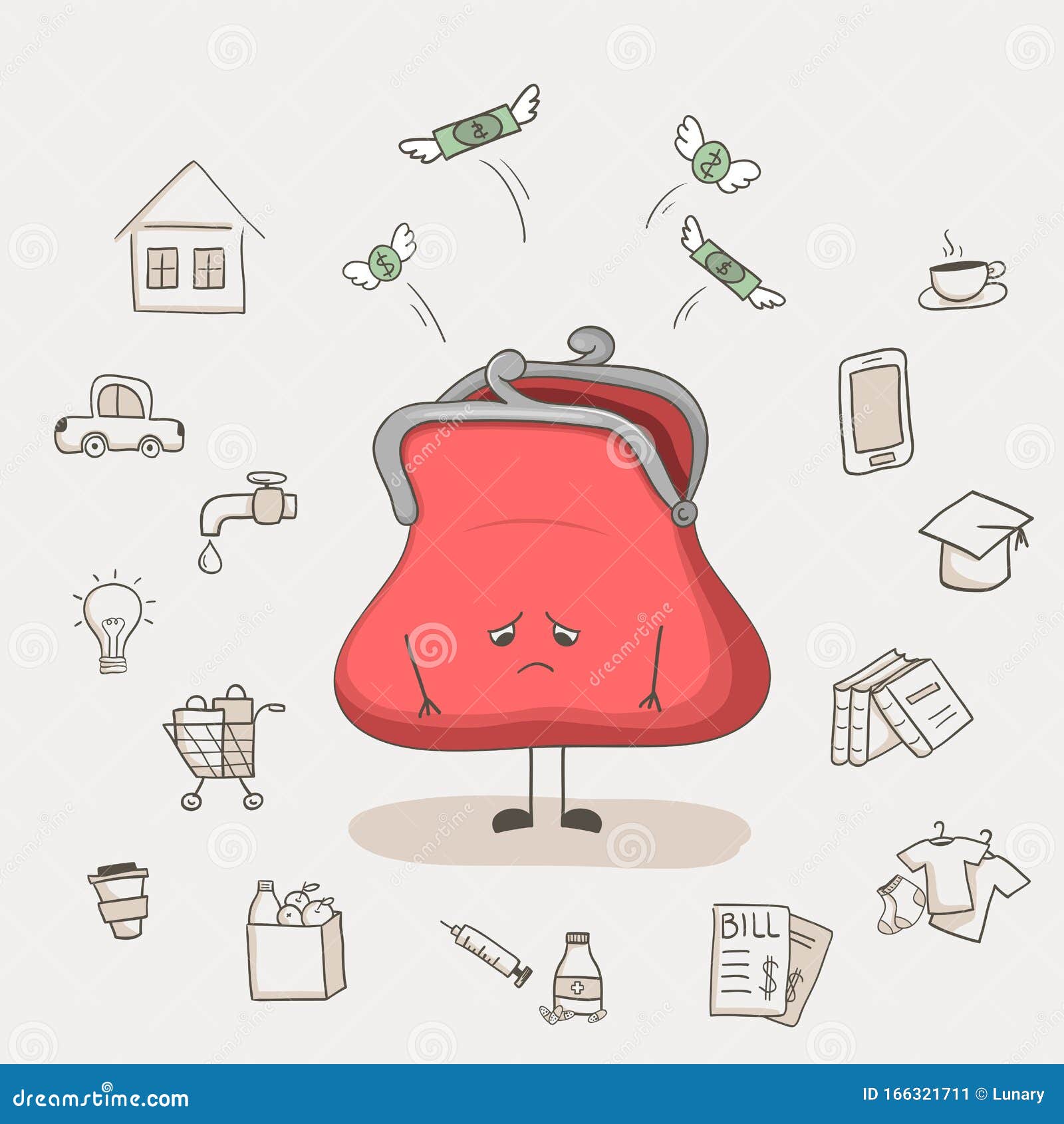 Empty Sad Wallet Character with Money Flying Away Stock Vector ...