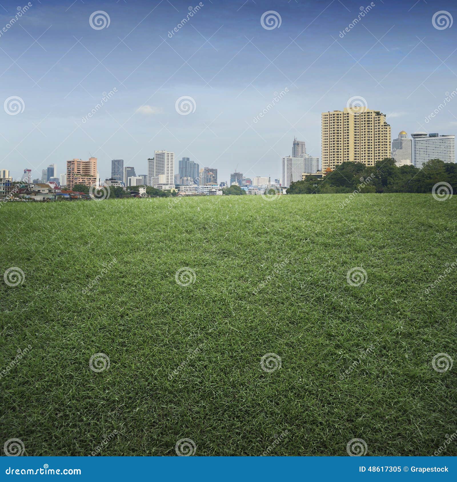 An Empty Scene of Green Grass Field and Office Building City Stock ...