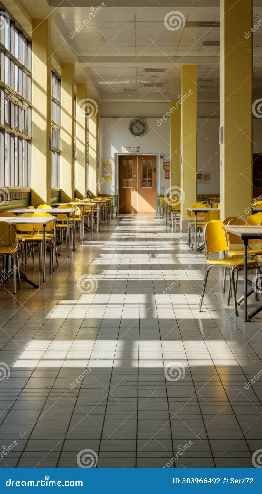 Empty Canteen With Long Tables And Large Windows, Minimalist ...