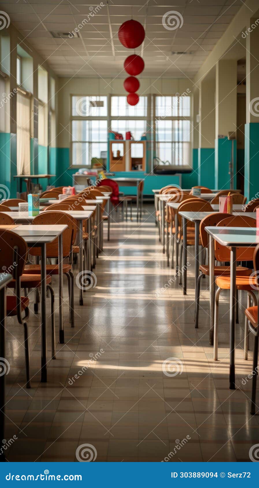 An Empty School Canteen with Large Windows and a Row of Tables and ...