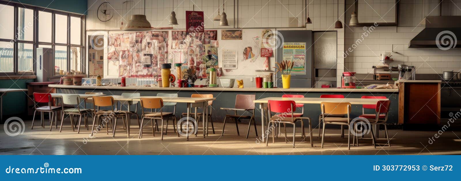 An Empty School Canteen with Large Windows and a Row of Tables and ...