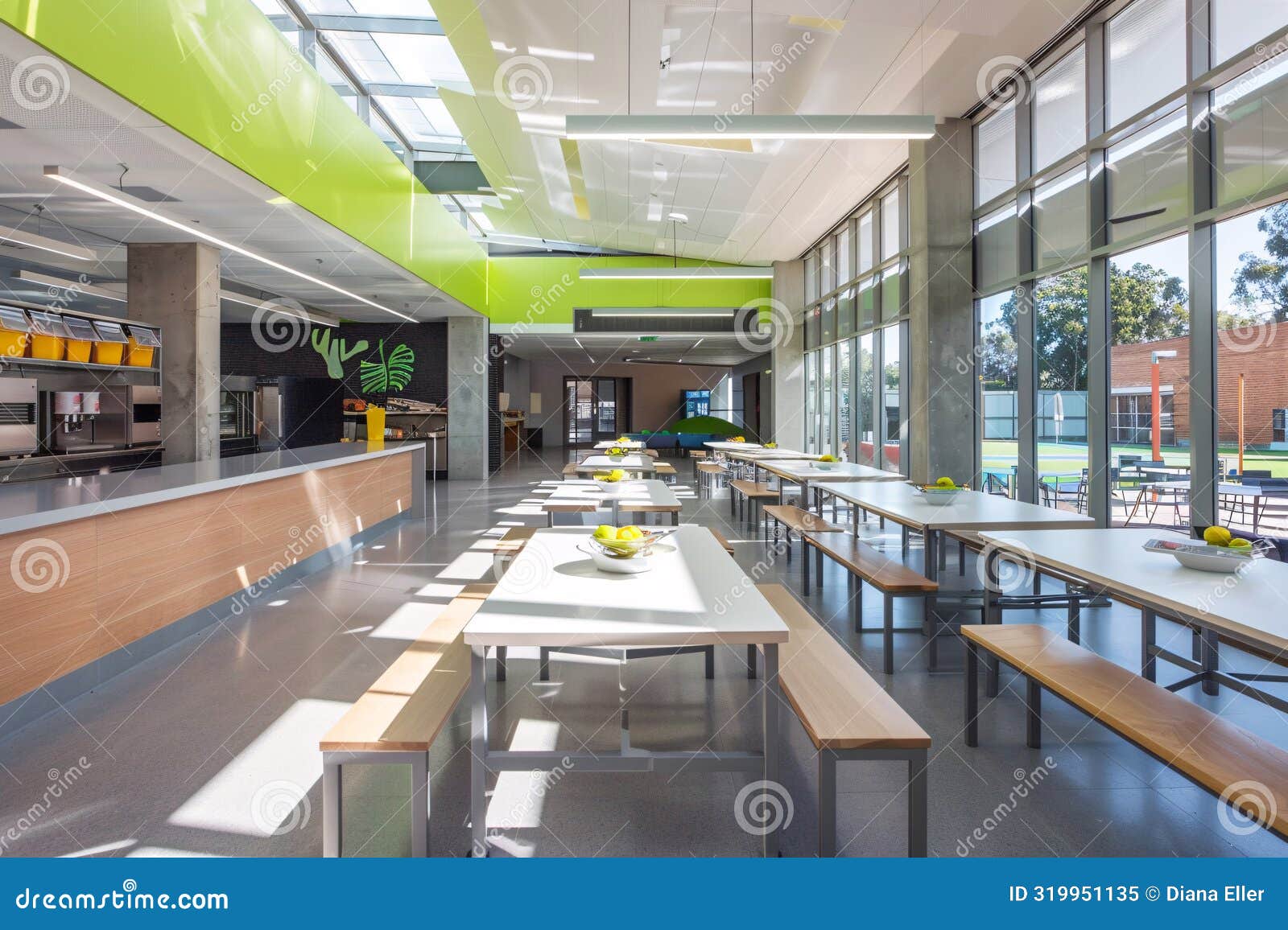 Empty School Canteen with Tables and Chairs Stock Illustration ...