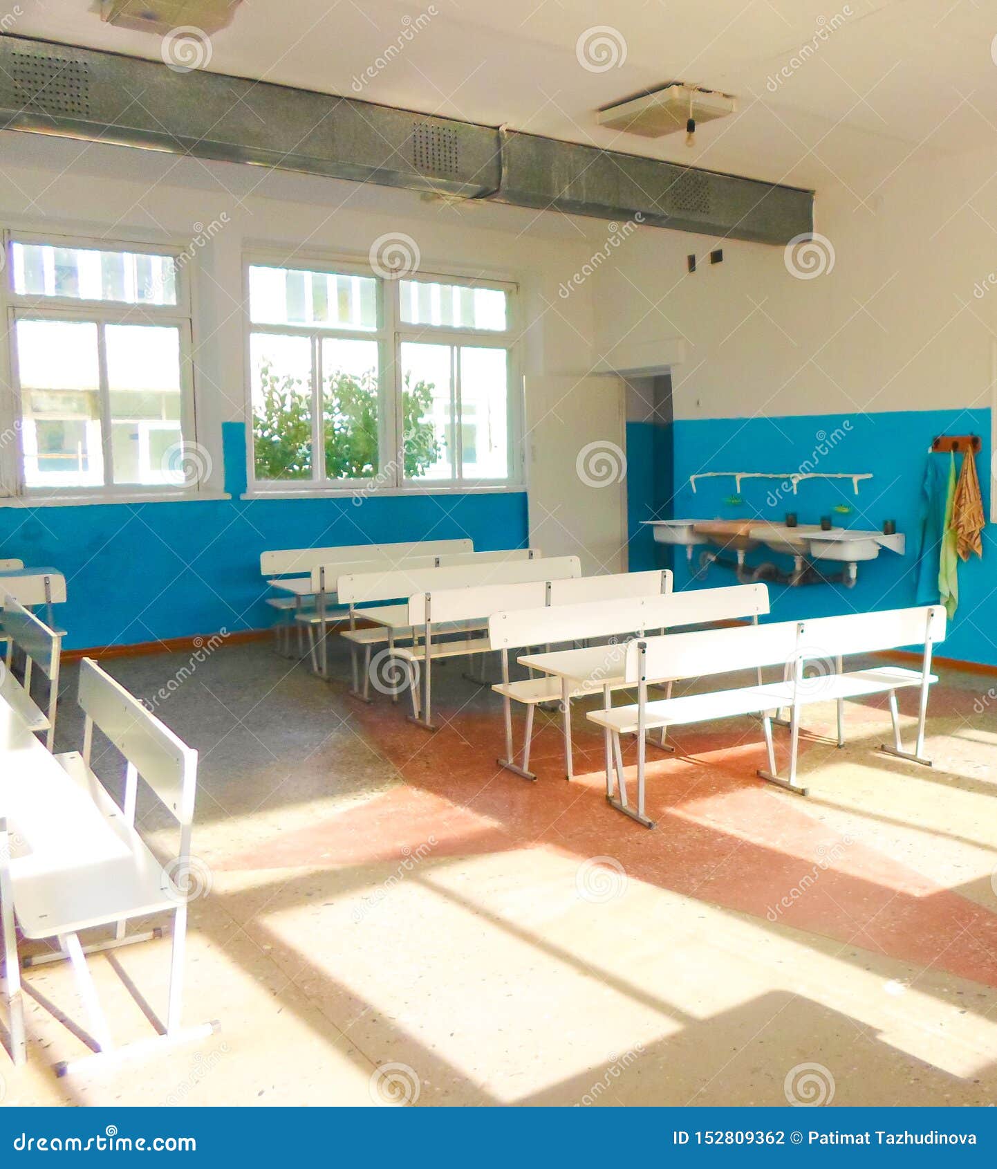 Empty School Canteen with White Tables and Chairs Stock Photo - Image ...