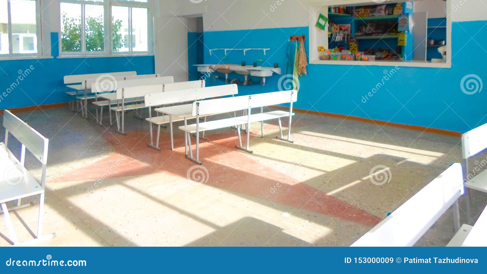 Empty School Canteen with White Tables and Chairs Stock Image - Image ...