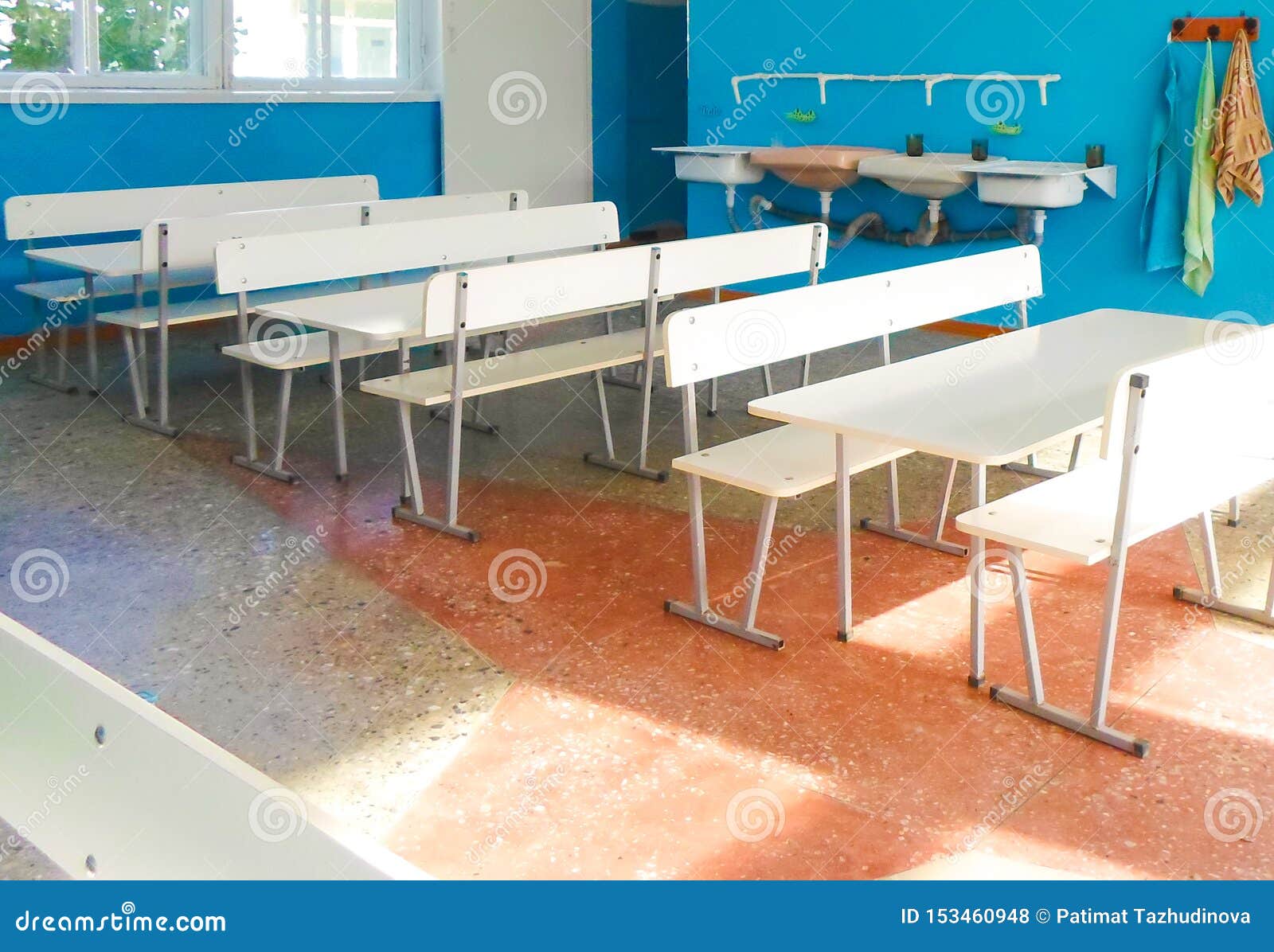 Empty School Canteen with White Tables and Chairs Stock Photo - Image ...