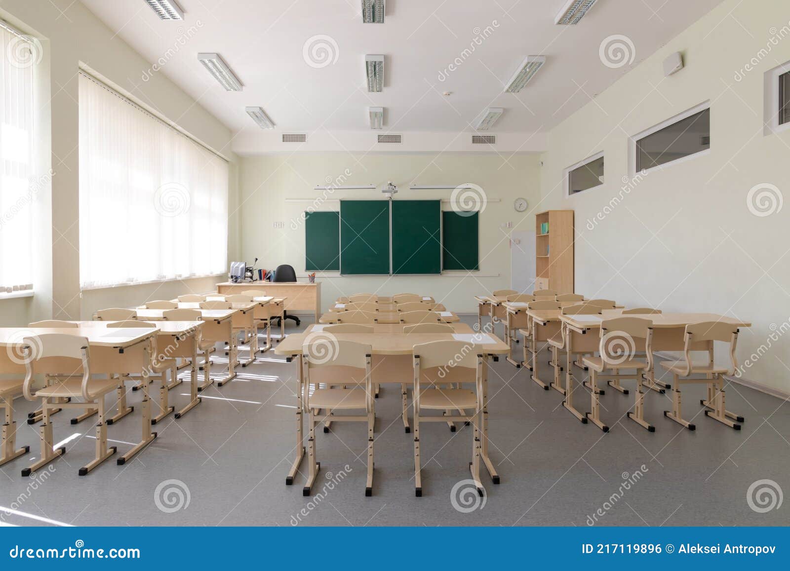 Empty School Class before Final Exams. Sheets for Tests are Laid Out on ...