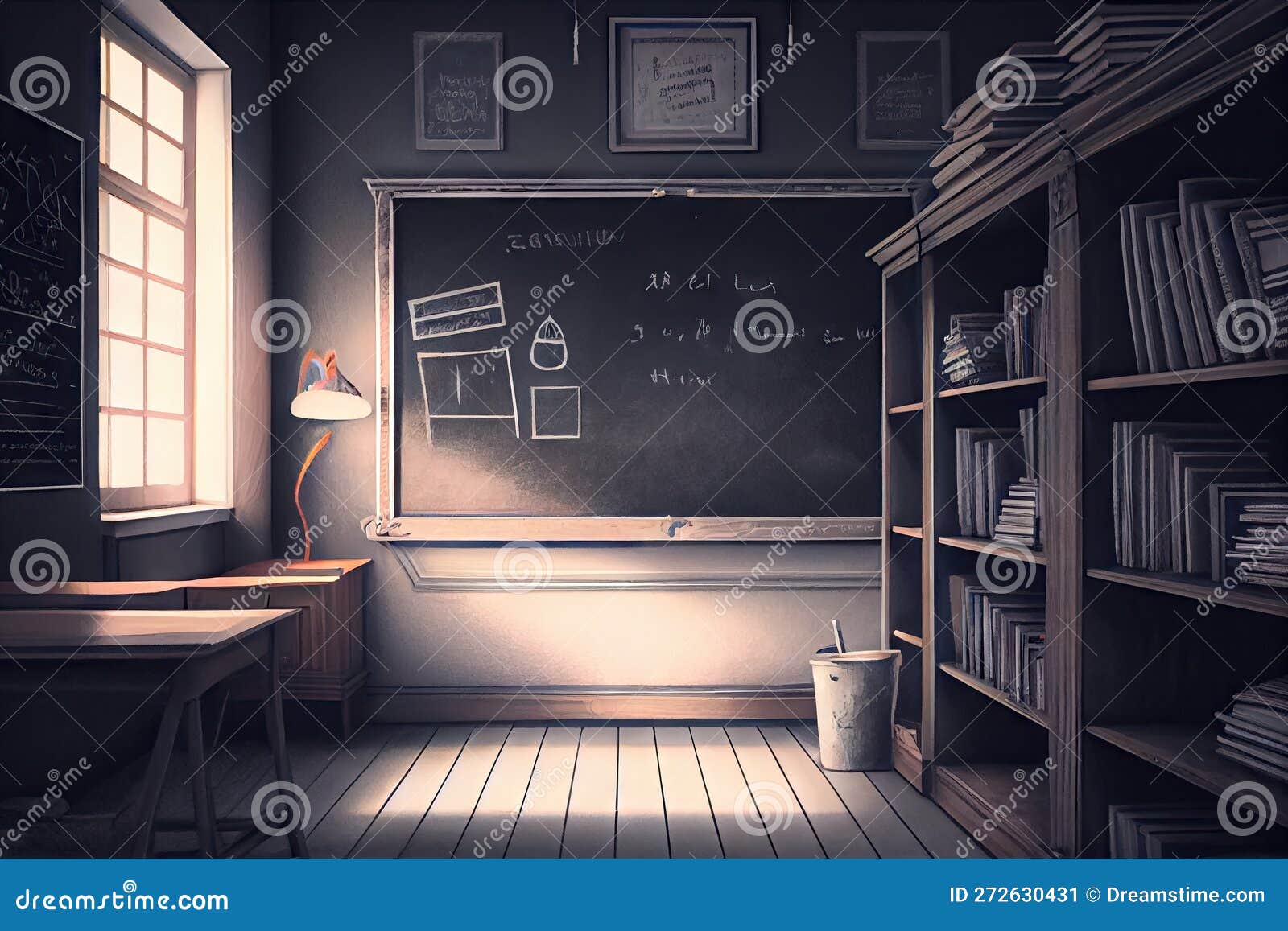 Empty School Classroom with Bookcases and Chalkboard, Providing a Haven ...