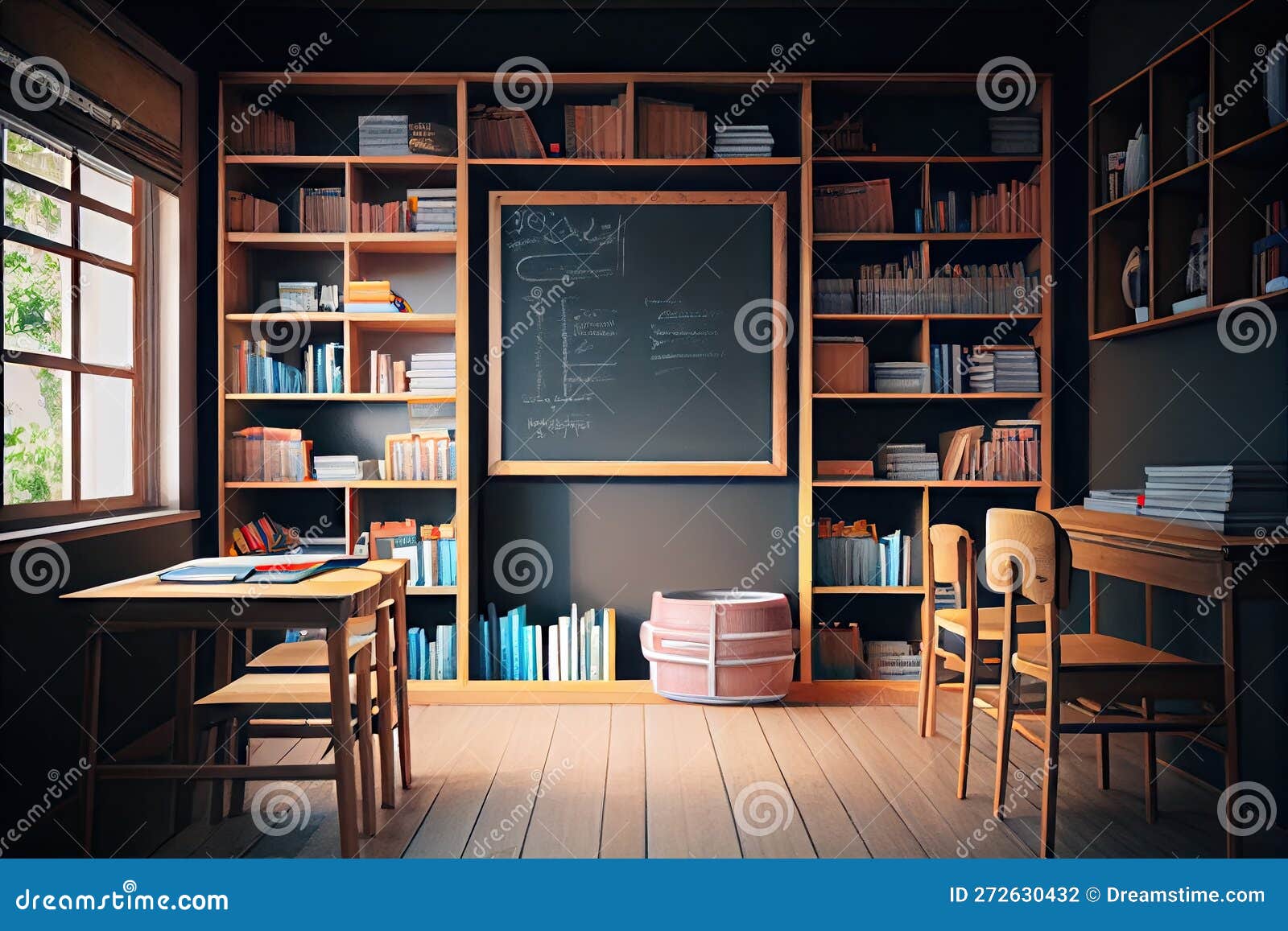 Empty School Classroom with Bookcases and Chalkboard, Providing a Haven ...