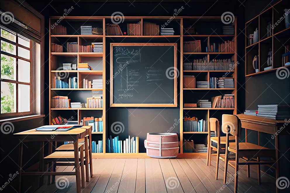 Empty School Classroom with Bookcases and Chalkboard, Providing a Haven ...