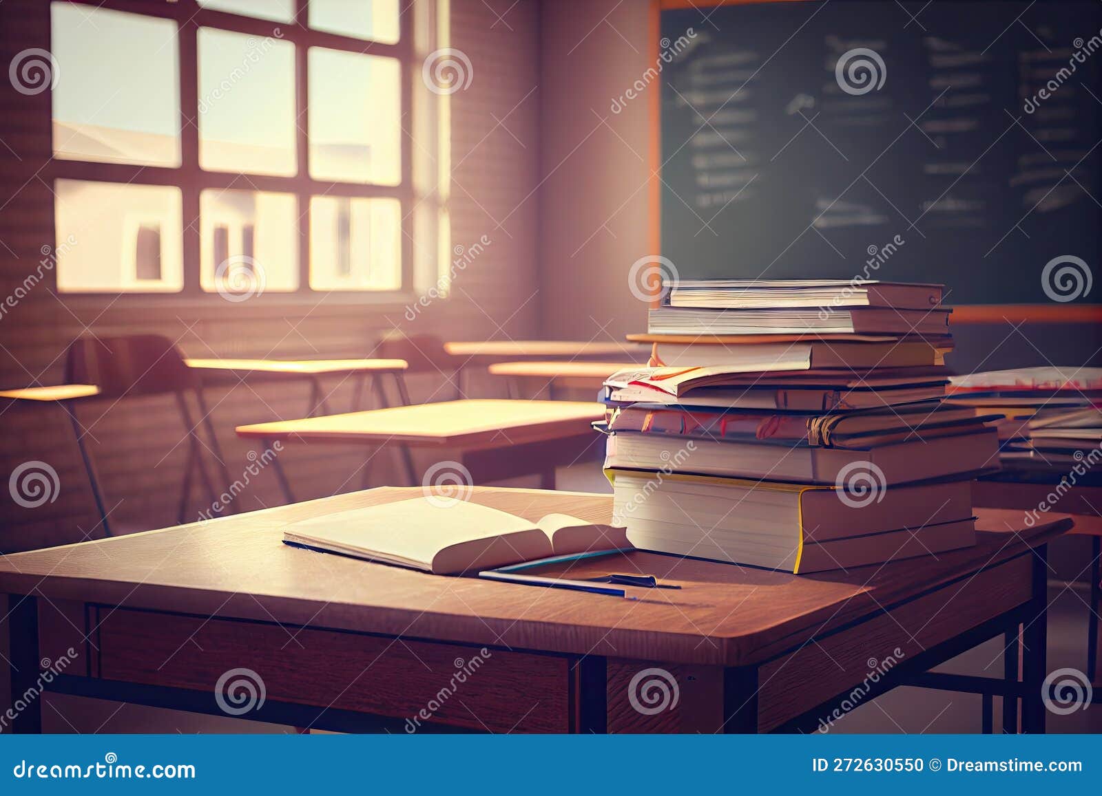 Empty School Classroom with Books on the Desk and Pens on the Table ...