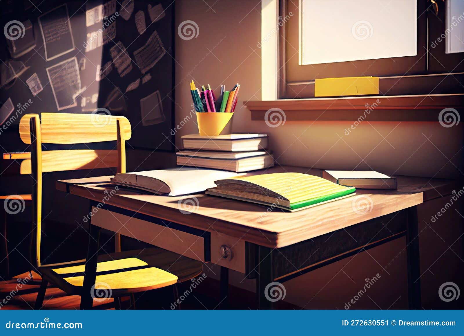 Empty School Classroom with Books on the Desk and Pens on the Table ...