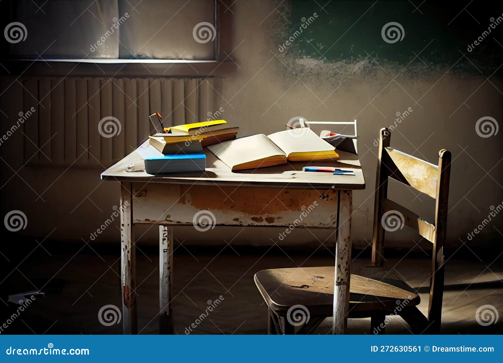 Empty School Classroom with Books on the Desk and Pens on the Table ...
