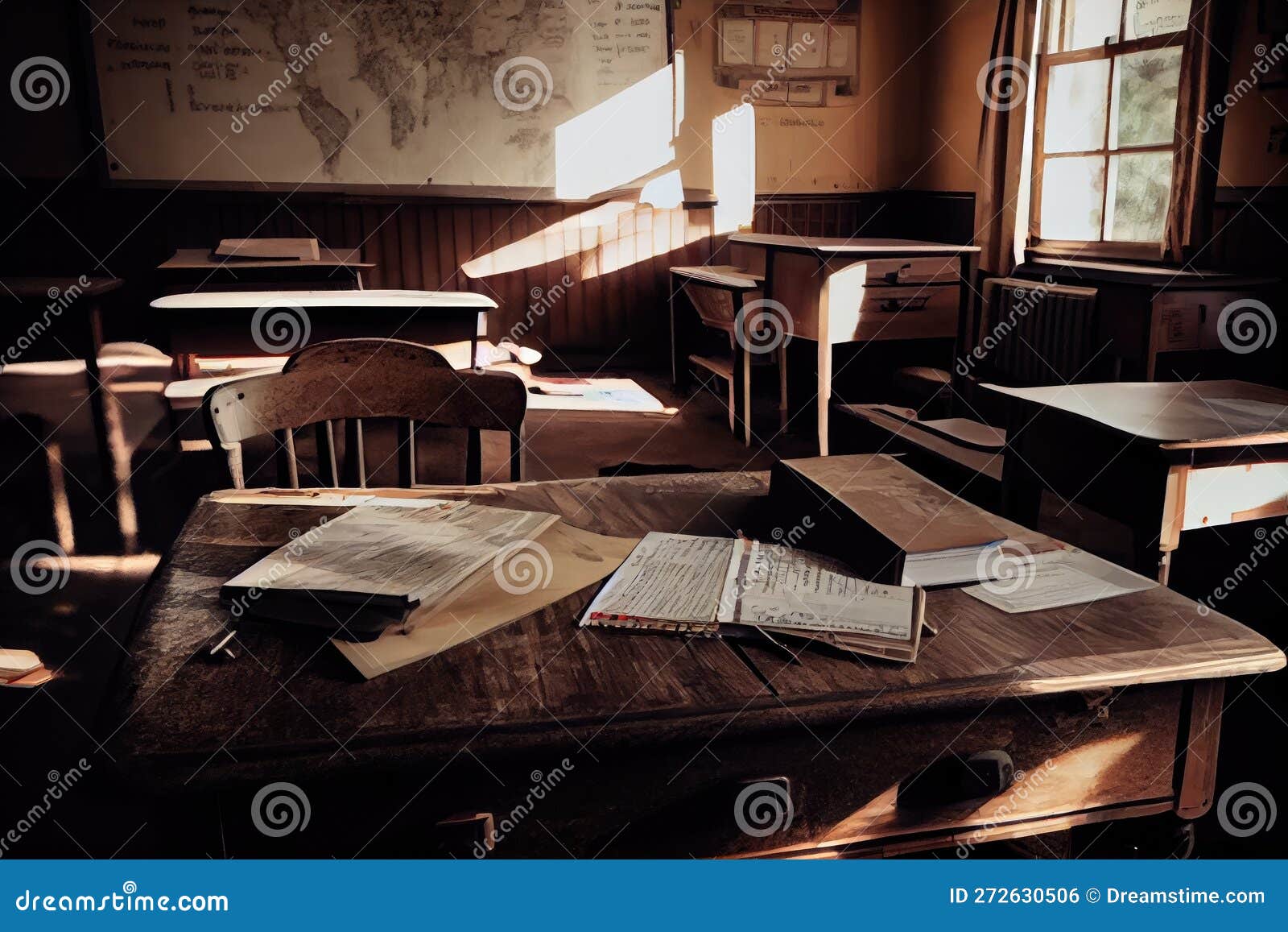 Empty School Classroom, with Books and Lesson Plans Still on the Desks ...