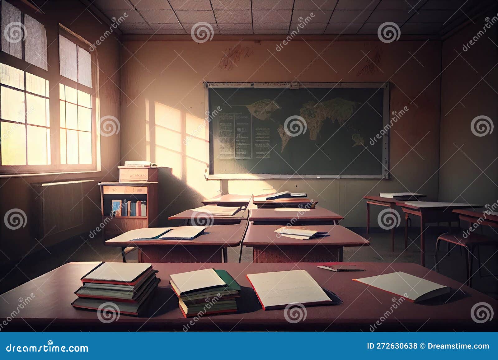 Empty School Classroom, with Books Opened and Ready for Students To ...