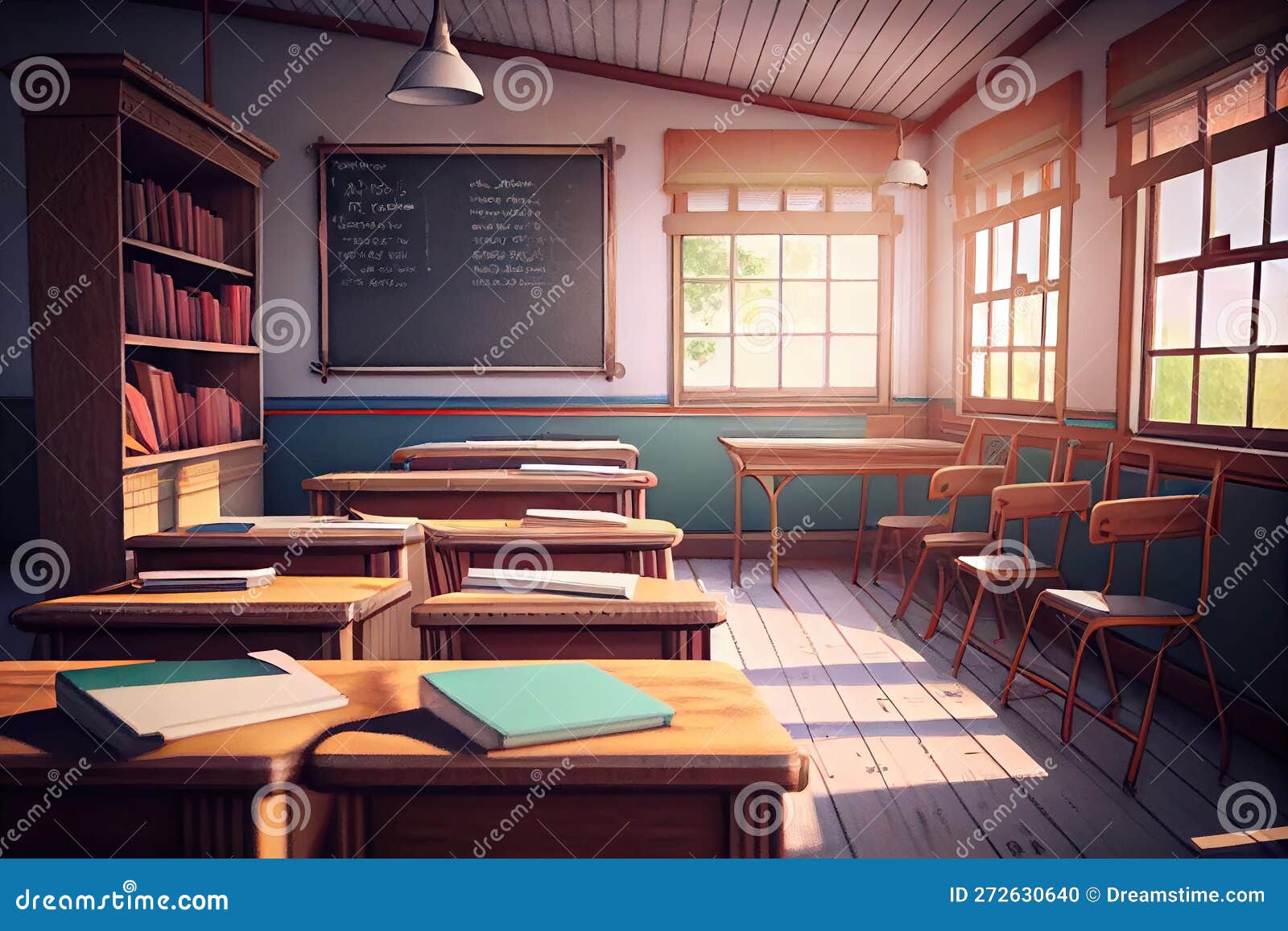 Empty School Classroom, with Books Opened and Ready for Students To ...