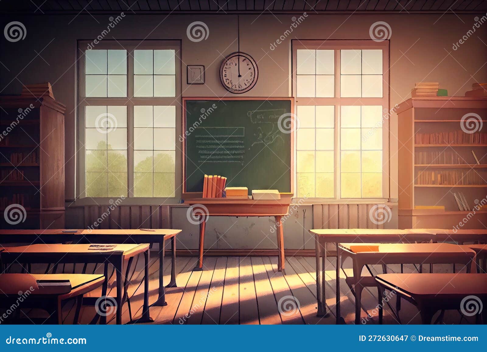 Empty School Classroom, with Books Opened and Ready for Students To ...