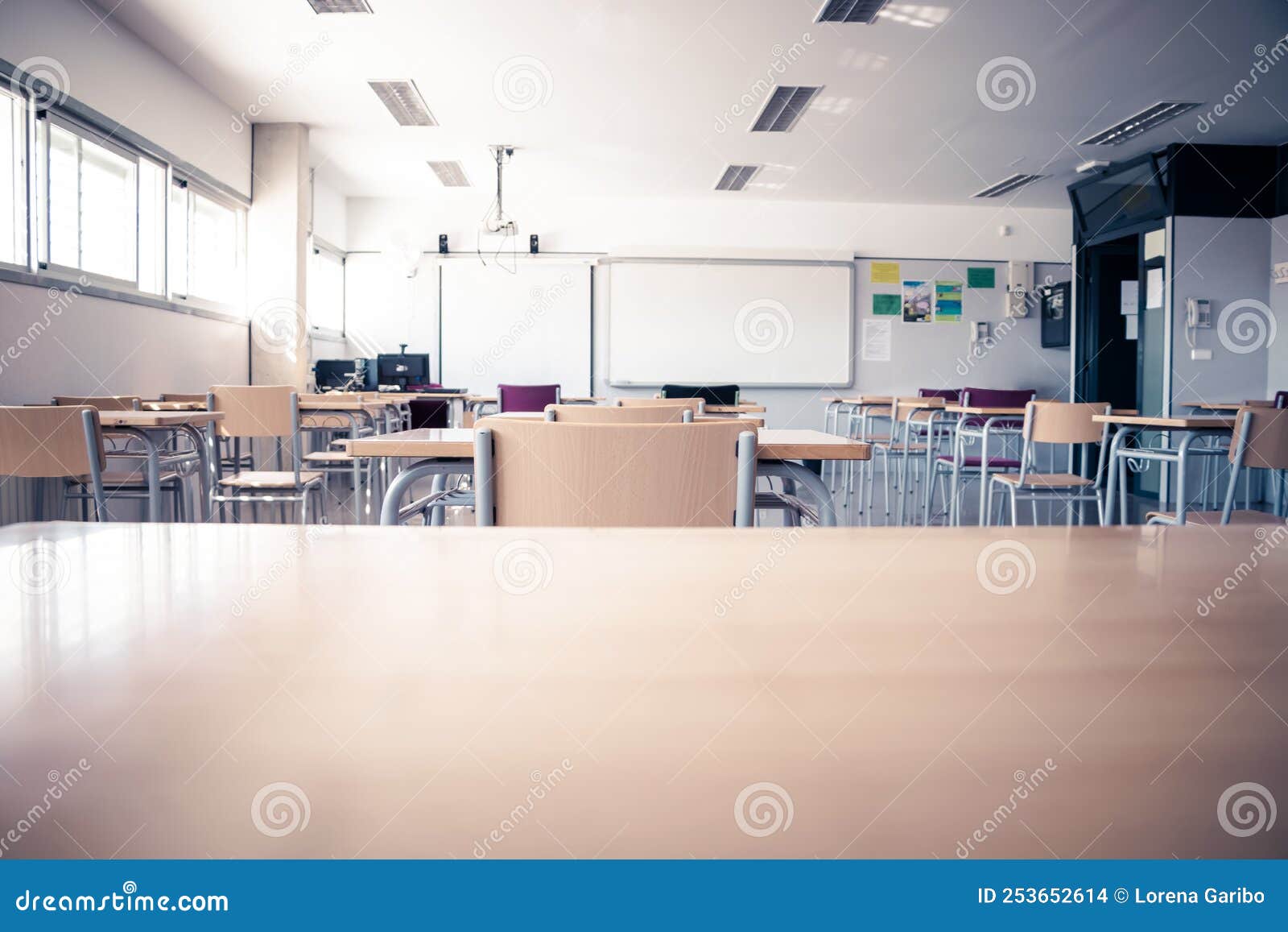 Empty School Classroom with Chairs and Desks Stock Photo - Image of ...