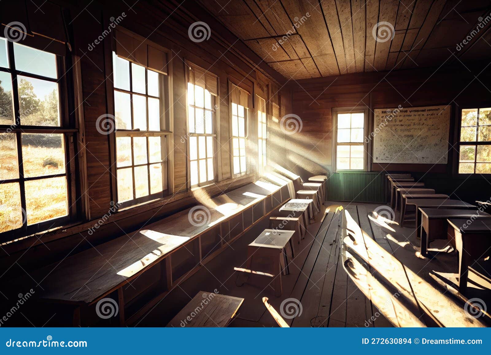Empty School Classroom Filled with Sunbeams Streaming through the ...