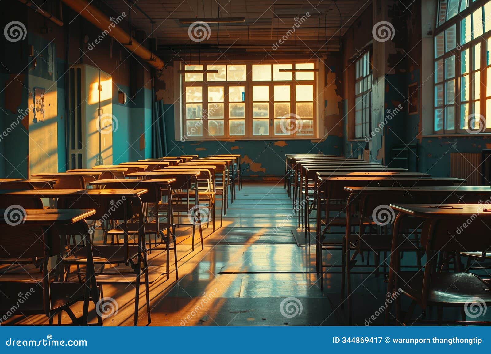 Empty School Classroom Interior with Wooden Desks and Chair during ...