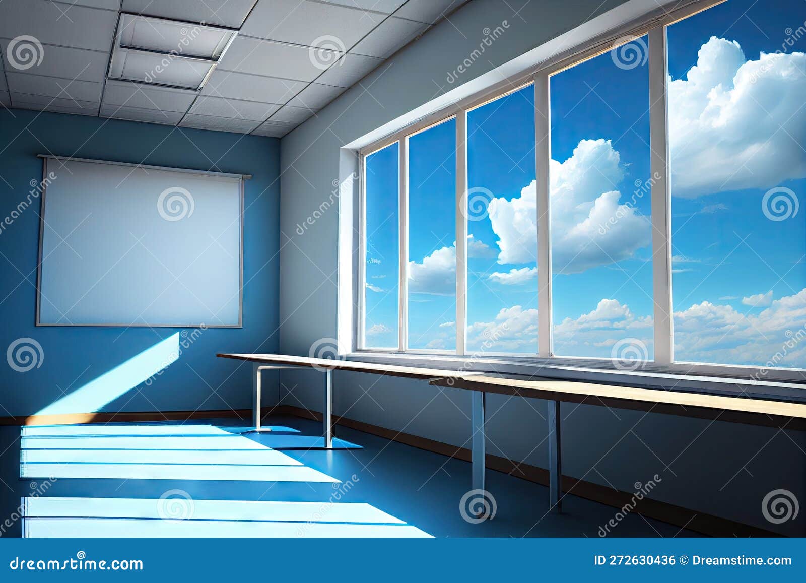 Empty School Classroom with View of Blue Sky and Clouds, Perfect for ...