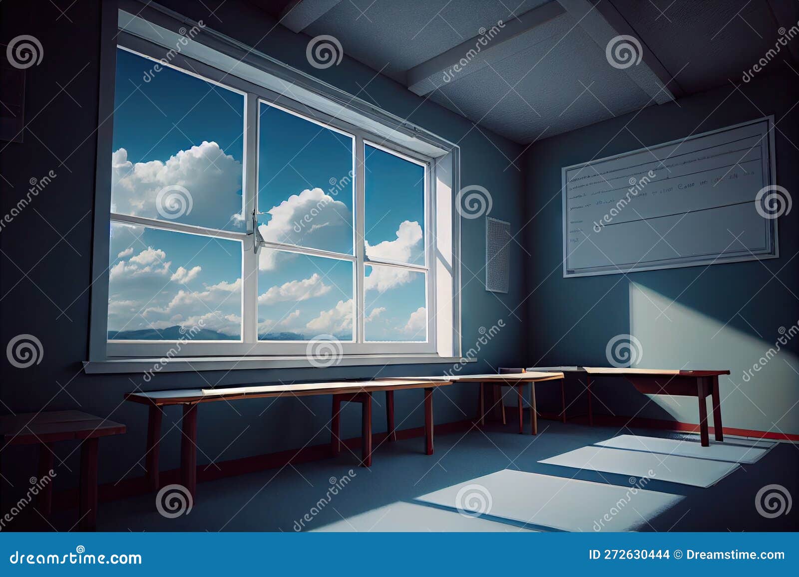 Empty School Classroom with View of Blue Sky and Clouds, Perfect for ...