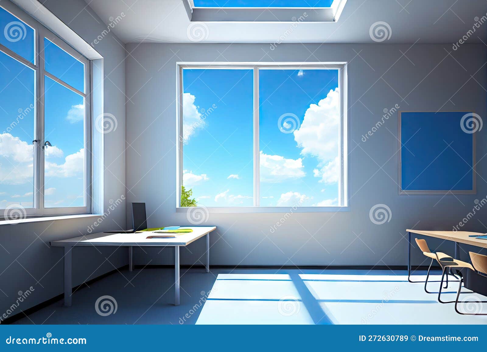 Empty School Classroom, with View of Bright Blue Sky through the Window ...
