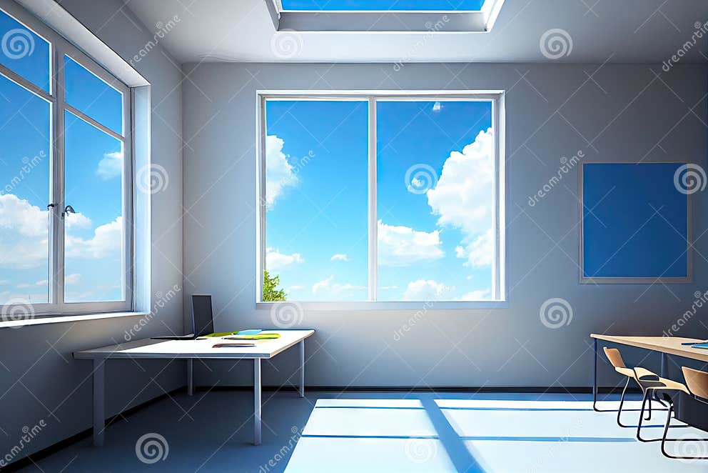 Empty School Classroom, with View of Bright Blue Sky through the Window ...