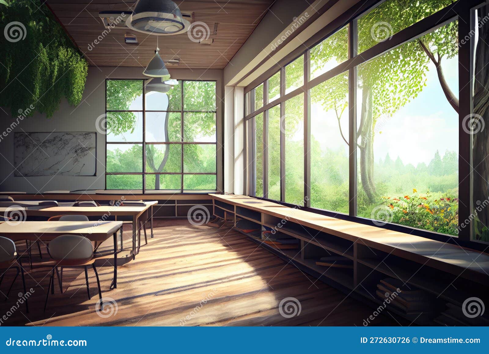 Empty School Classroom with View of Garden, Showcasing the Beauty and ...