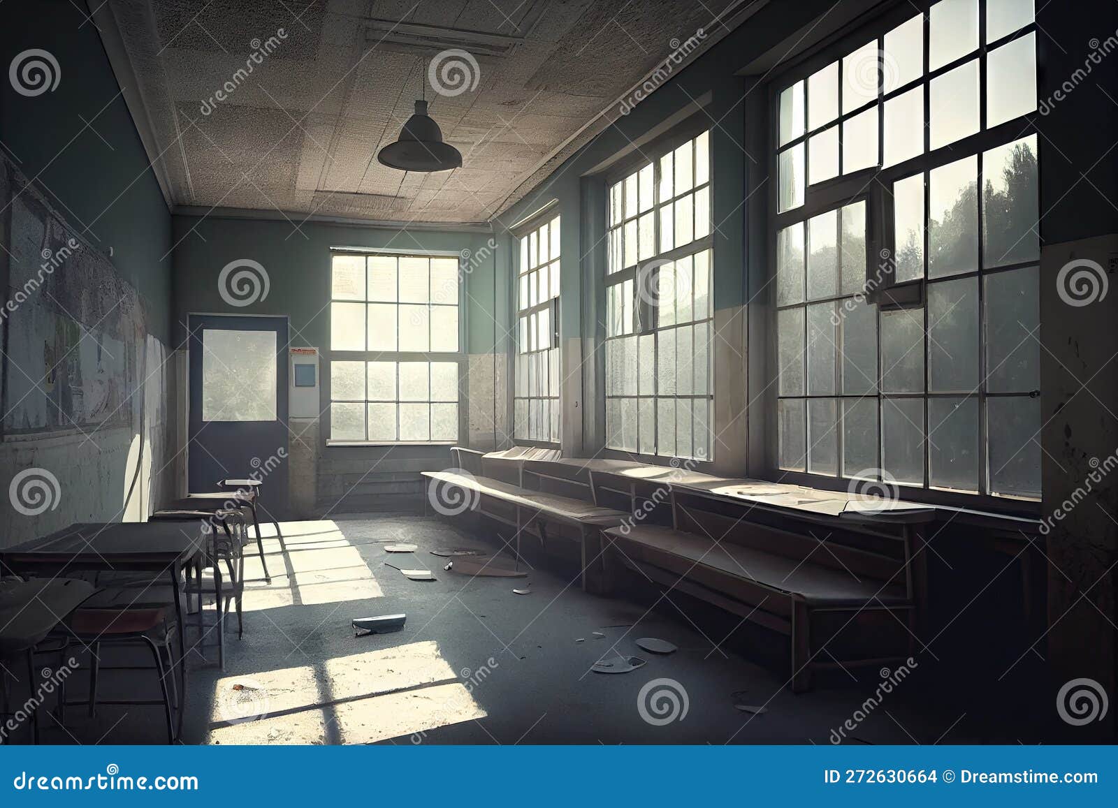 Empty School Classroom, with View of the Outside World through Large ...