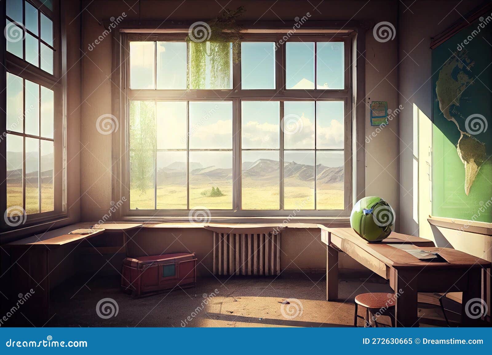 Empty School Classroom, with View of the Outside World through Large ...