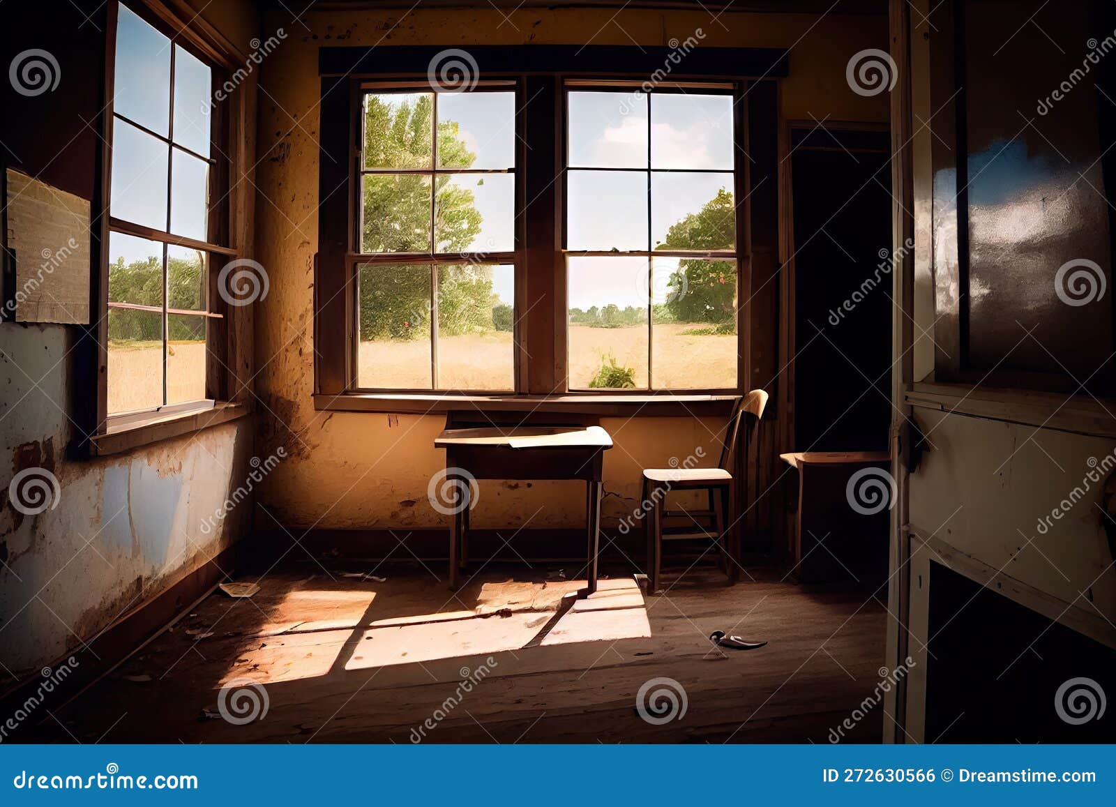 Empty School Classroom, with View of the Outside World through the ...