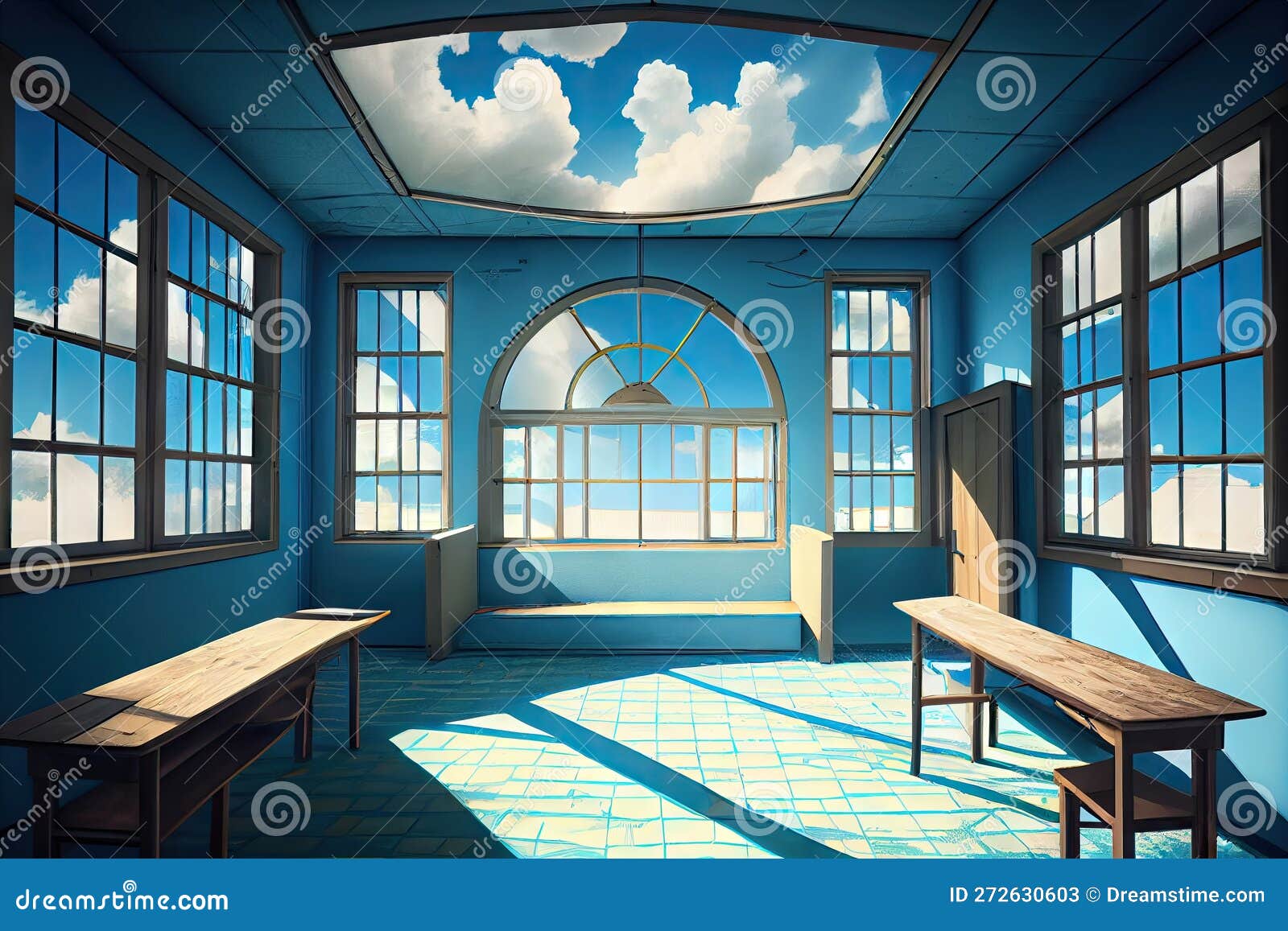 Empty School Classroom, with View of the Playground and Blue Sky ...